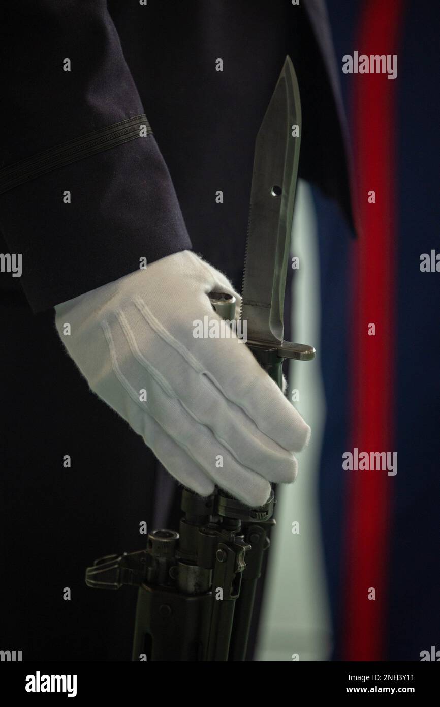 A Japan Ground Self-Defense Force color guard member stands at parade ...
