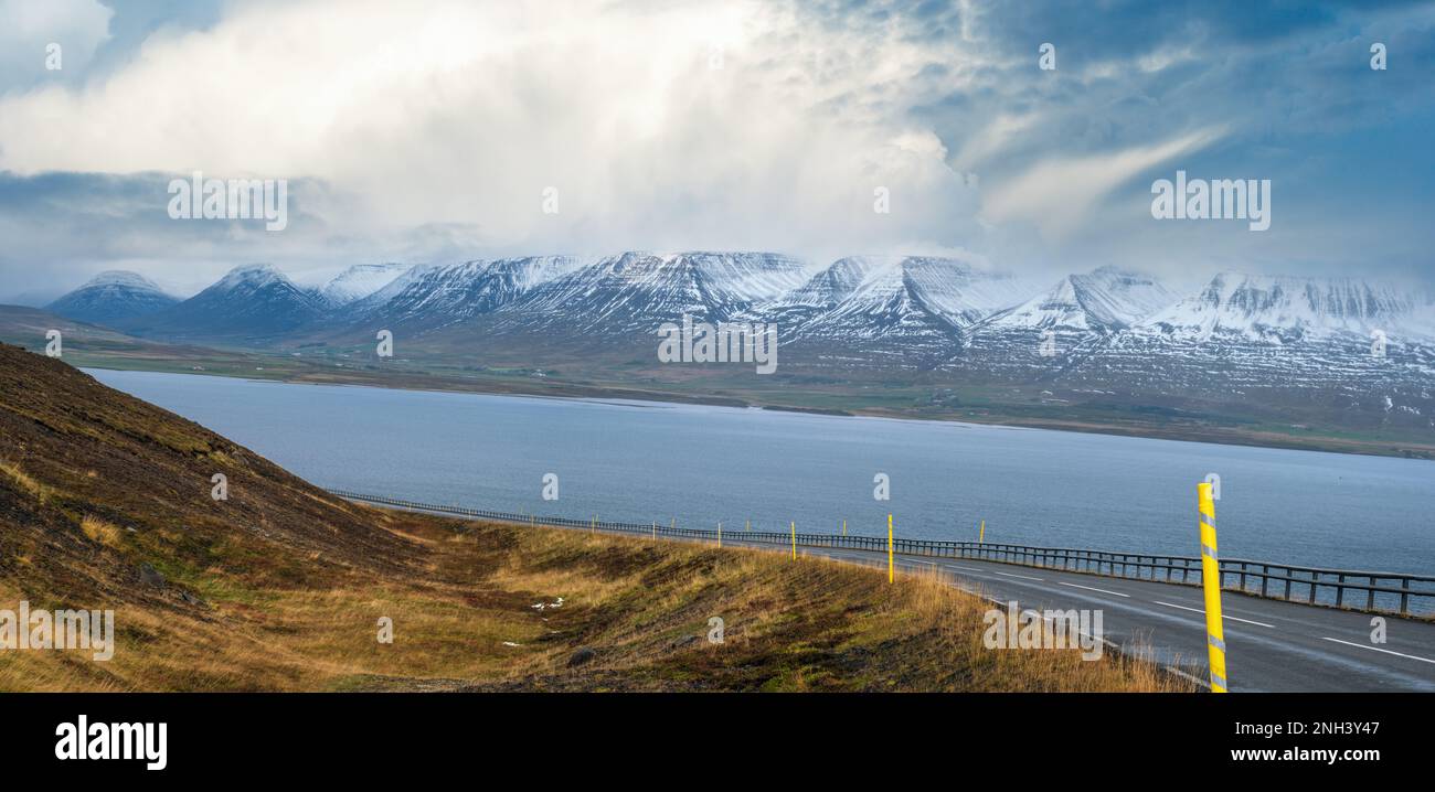 Highway road and mountain view during auto trip in Iceland. Spectacular ...