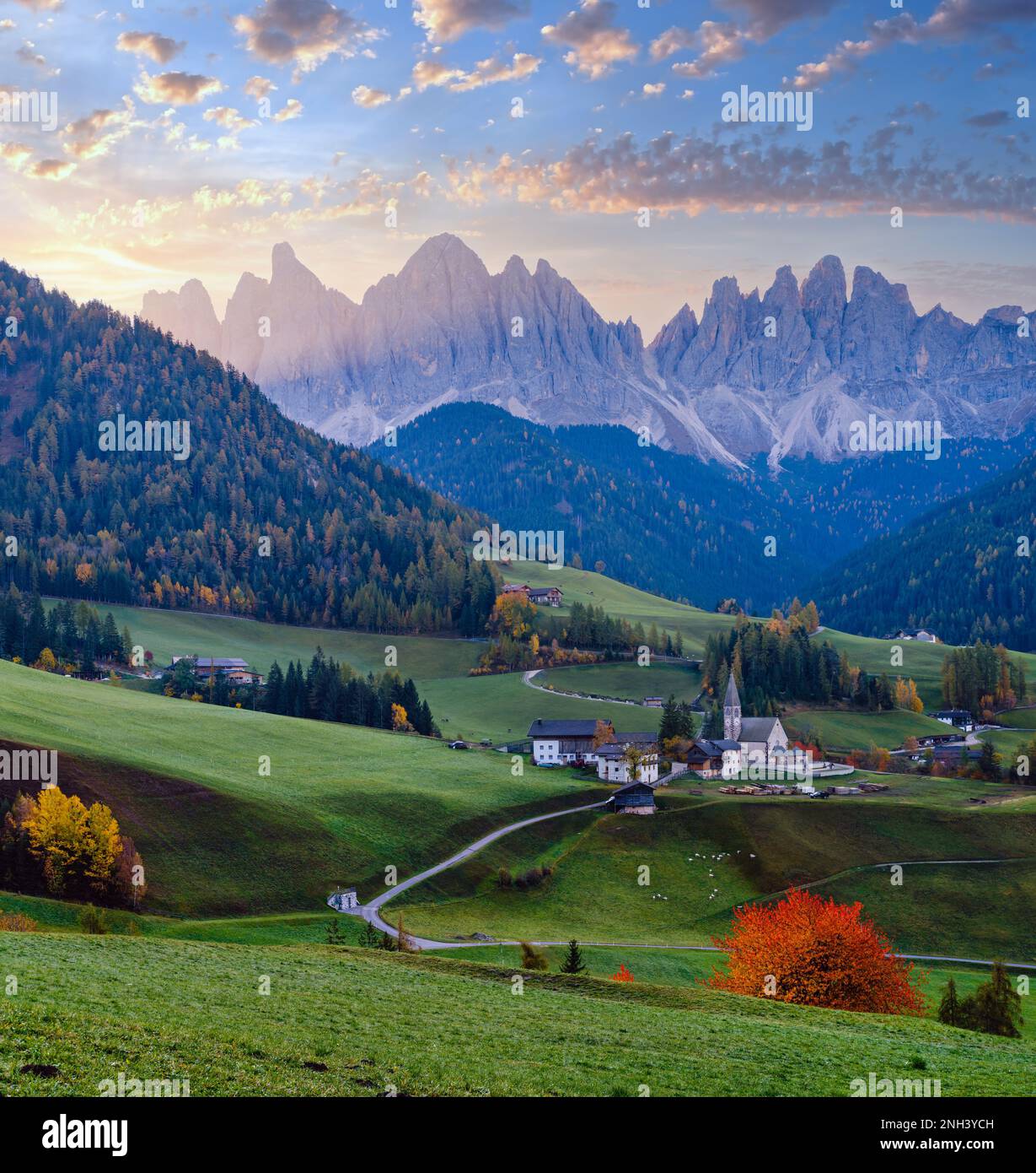 Autumn daybreak Santa Magdalena famous Italy Dolomites village view in ...