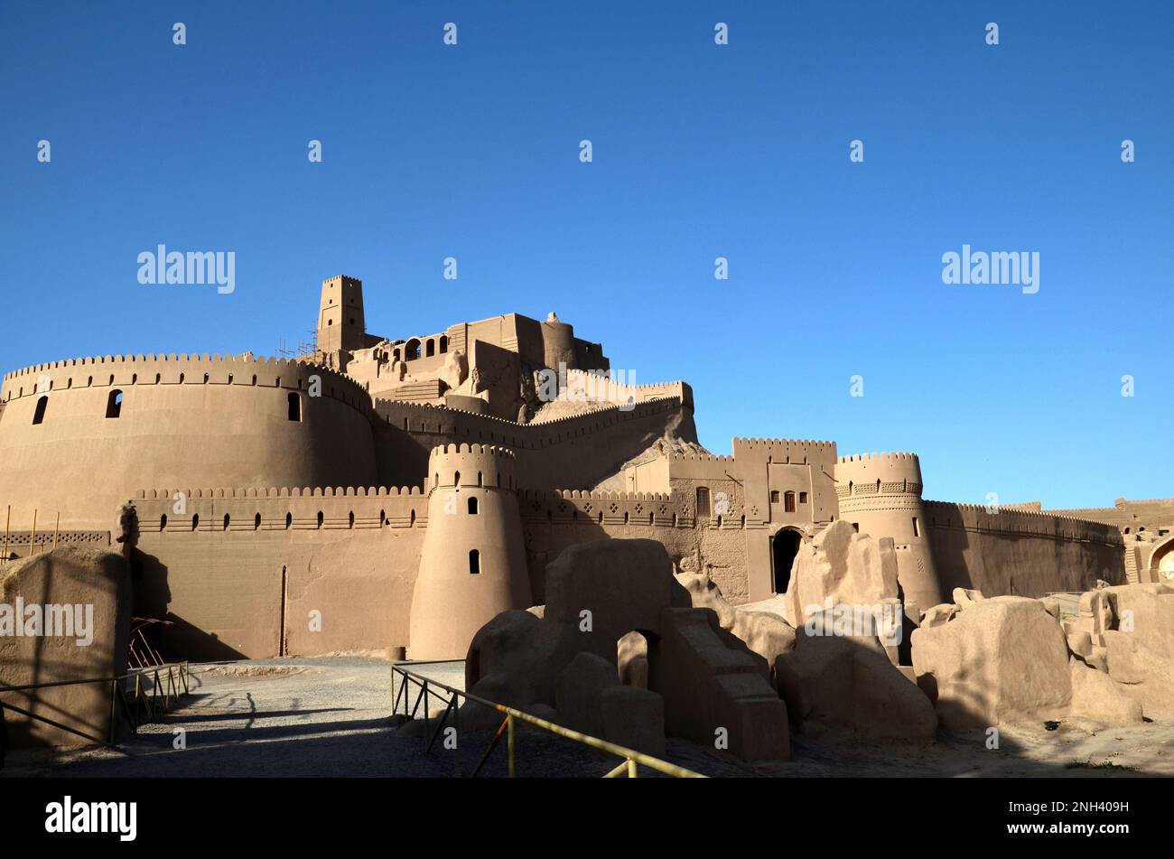view to the ruins, mighty walls and towers of Bam Citadel, Iran Stock ...