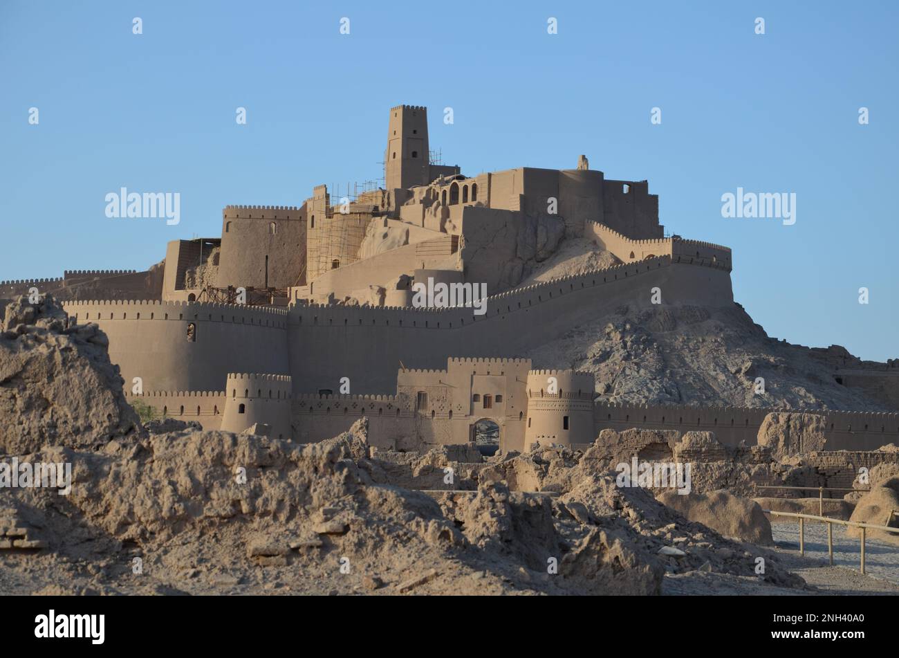 view to the ruins, mighty walls and towers of Bam Citadel, Iran Stock ...