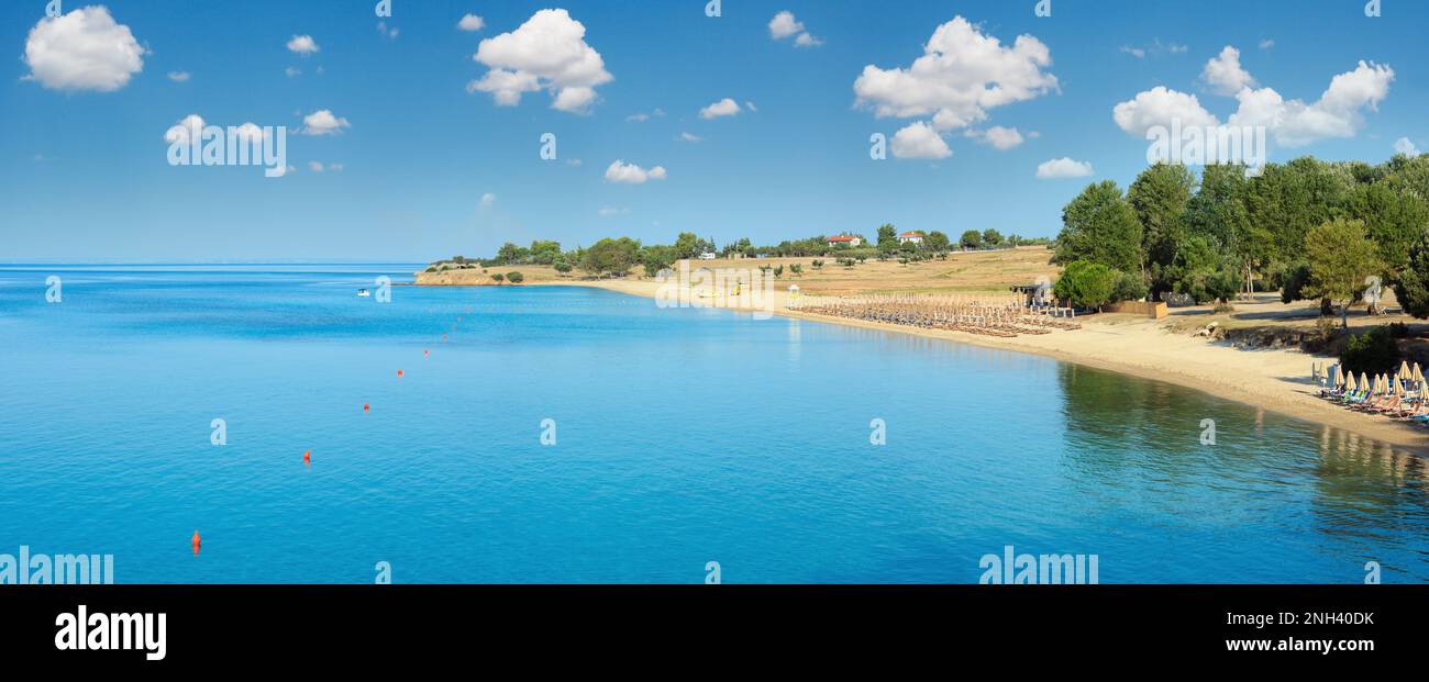 Morning sandy Kastri beach summer top view (Nikiti, Sithonia, Halkidiki ...