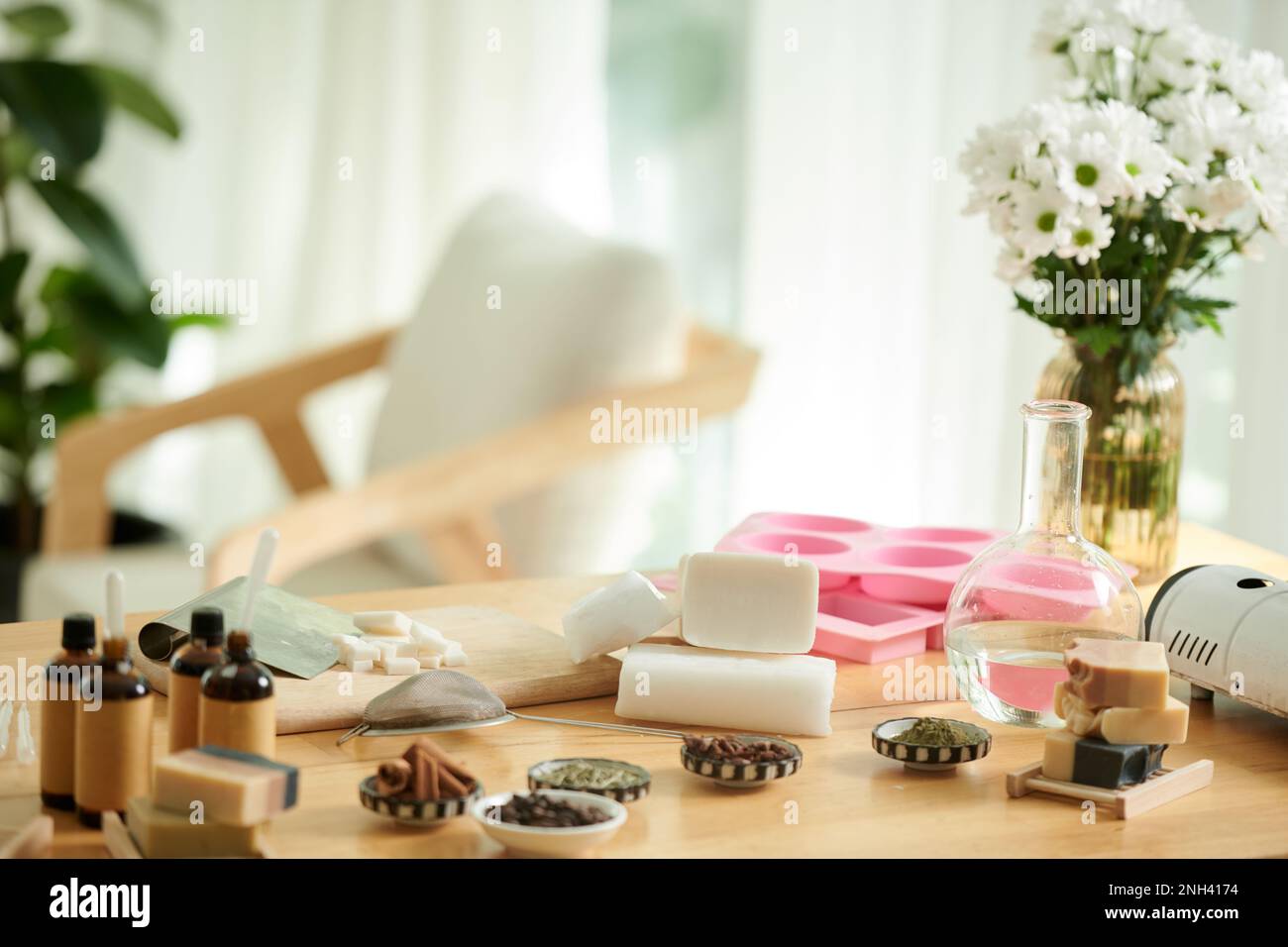 Ingredients and silicone forms for making organic soap at home Stock ...