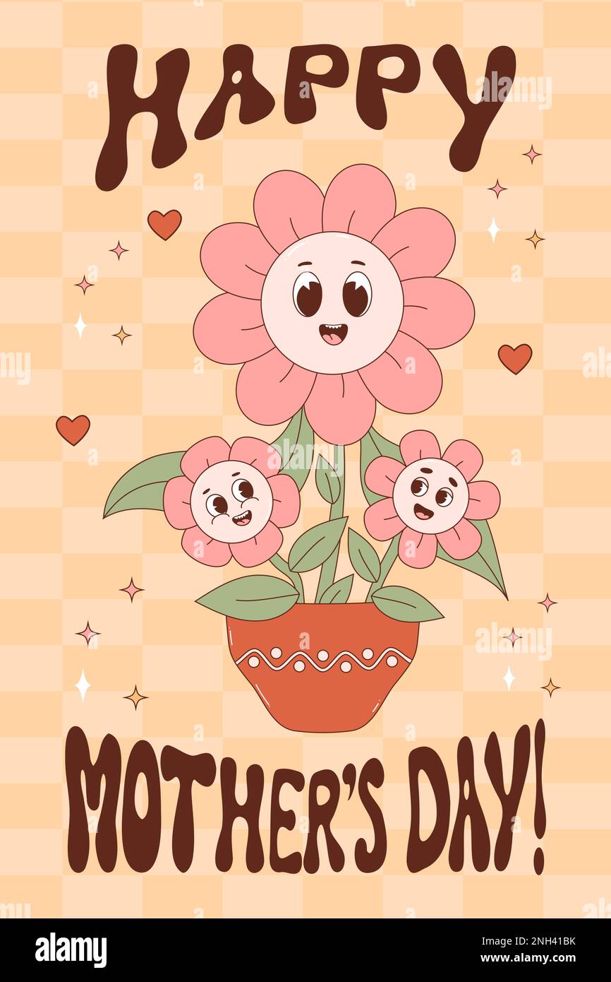 Happy daisy flowers power. Groovy flowerpot. retro character family mom with babys. Nostalgic ...