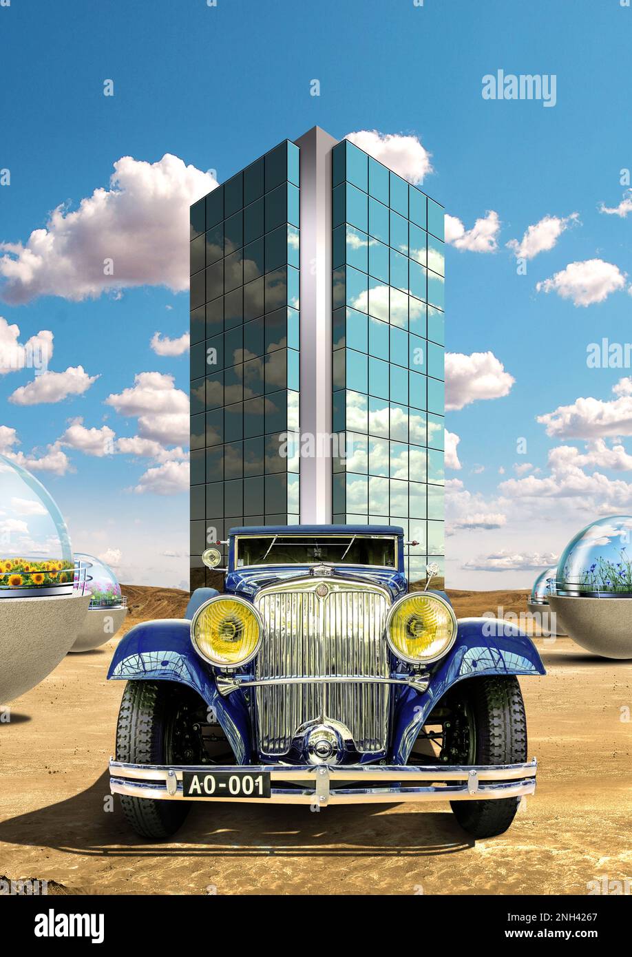 Old car with modern skyscrapers in the background Stock Photo - Alamy