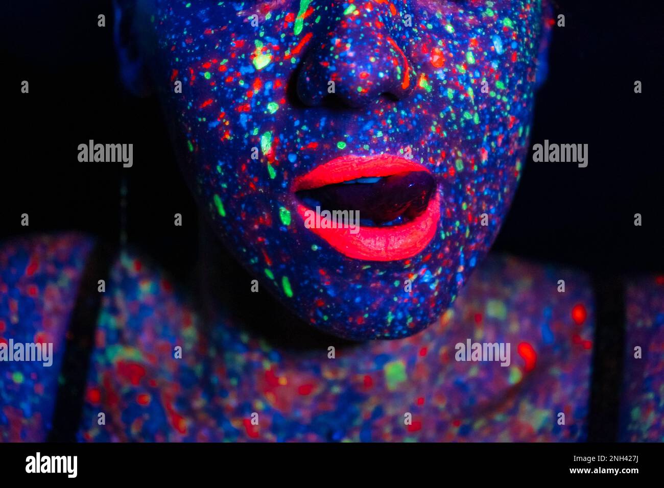 Fashion model woman in neon light, portrait of a beautiful model with ...