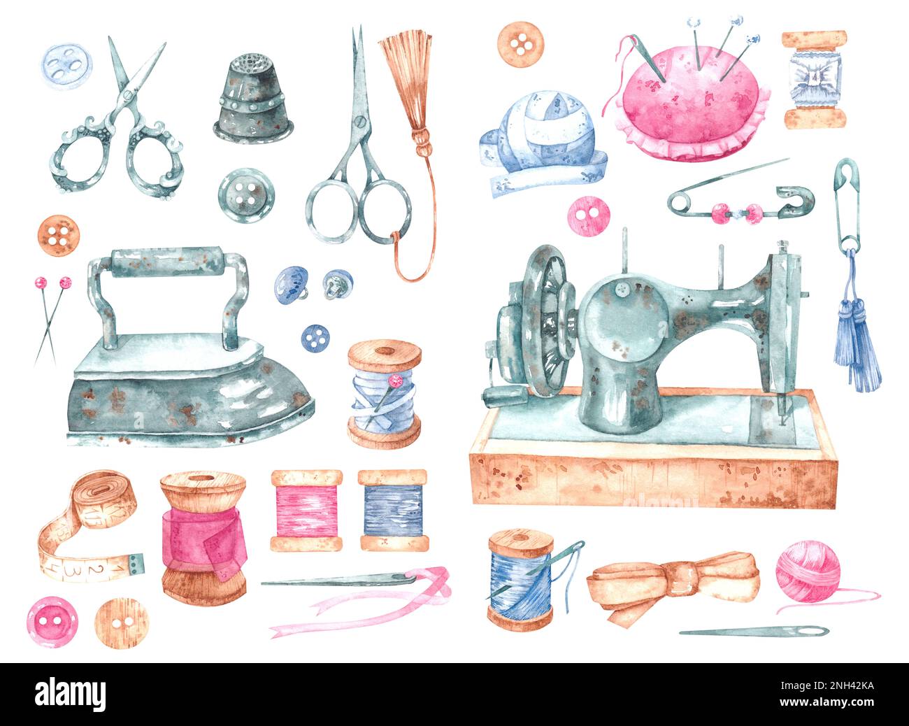 A set with needles, pins, buttons, coils and balls of thread and ...