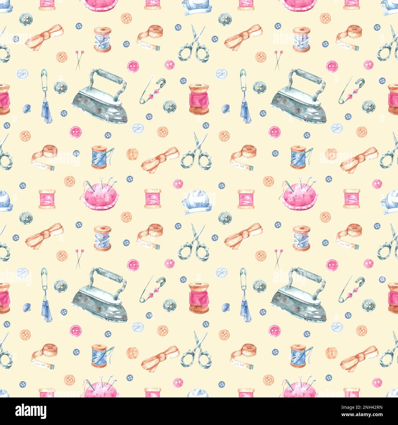Watercolor seamless pattern with sewing elements. This hand-drawn ...