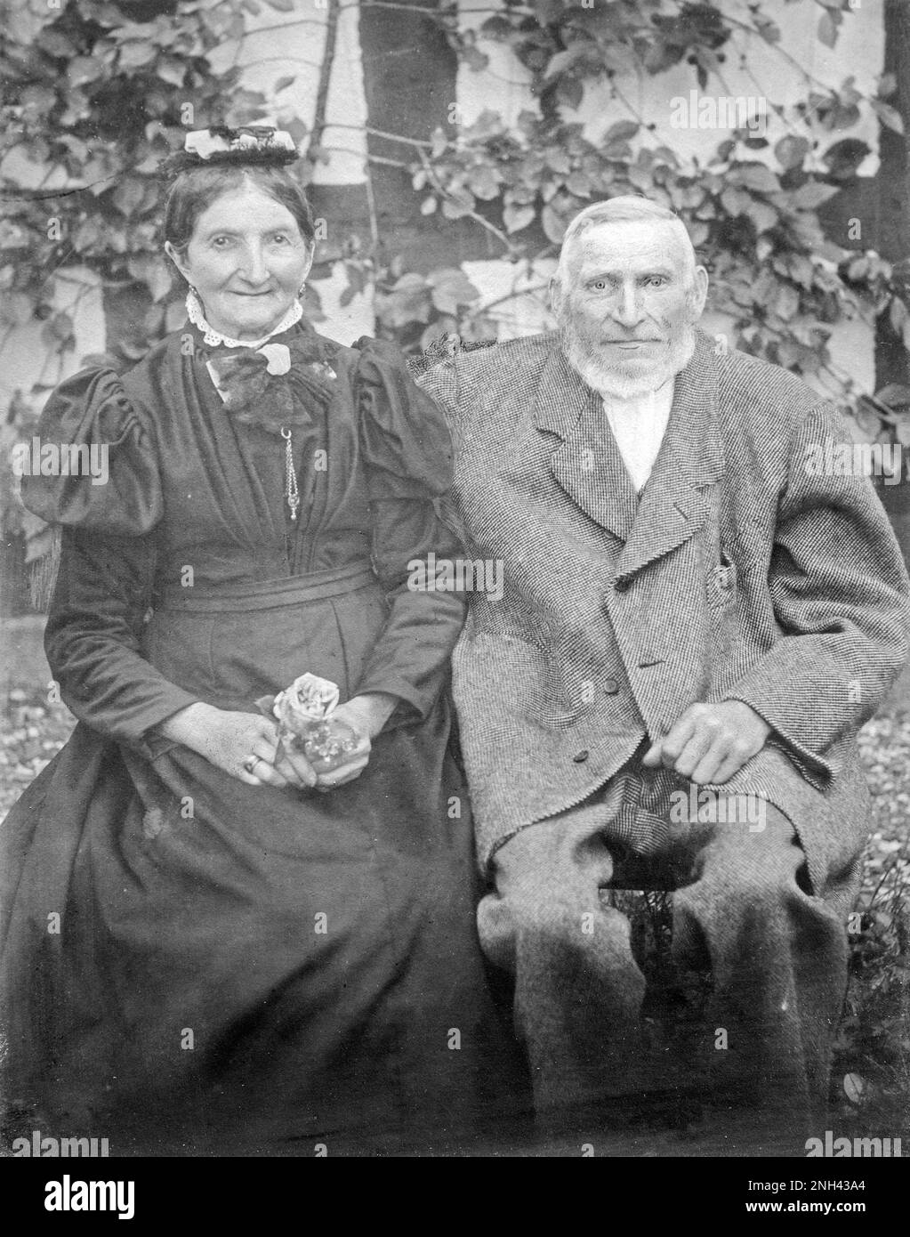 Portrait of an old couple, man and woman sitting on a bench looking ...