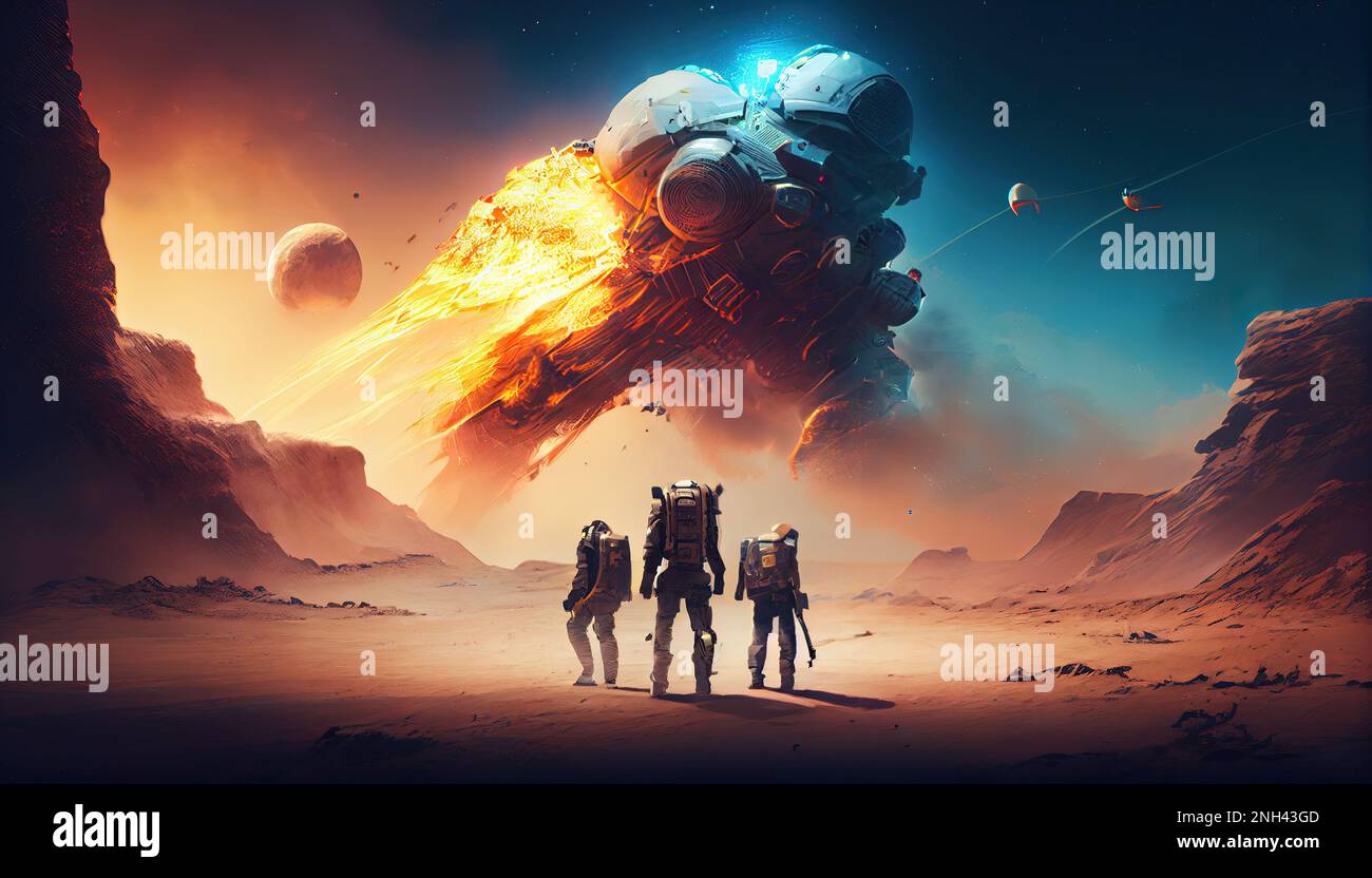 astronauts or cosmonauts under alien skies in space, landscape, scifi ...