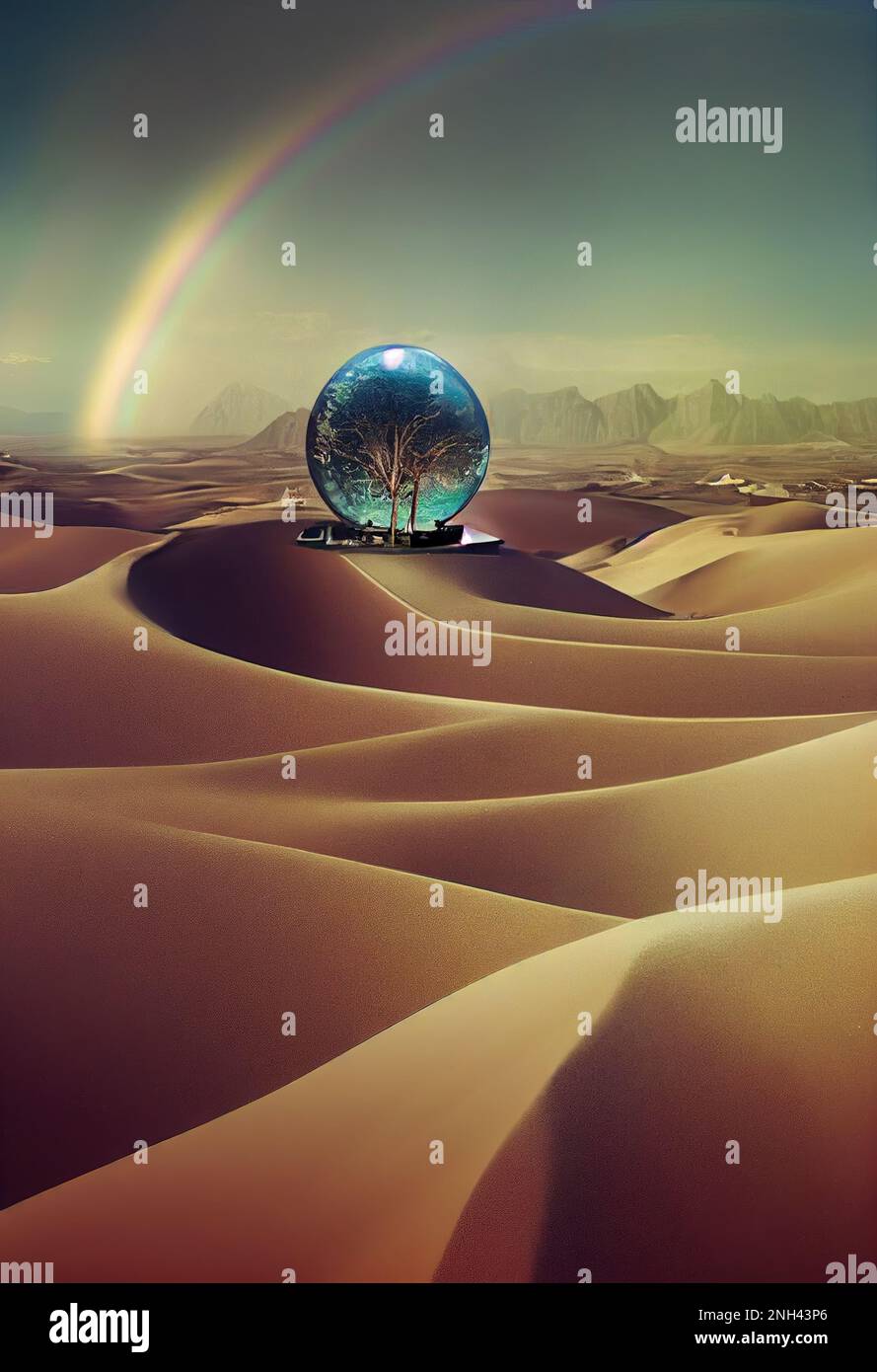 alien world desert landscape with pyramid artefact on horizon and ...