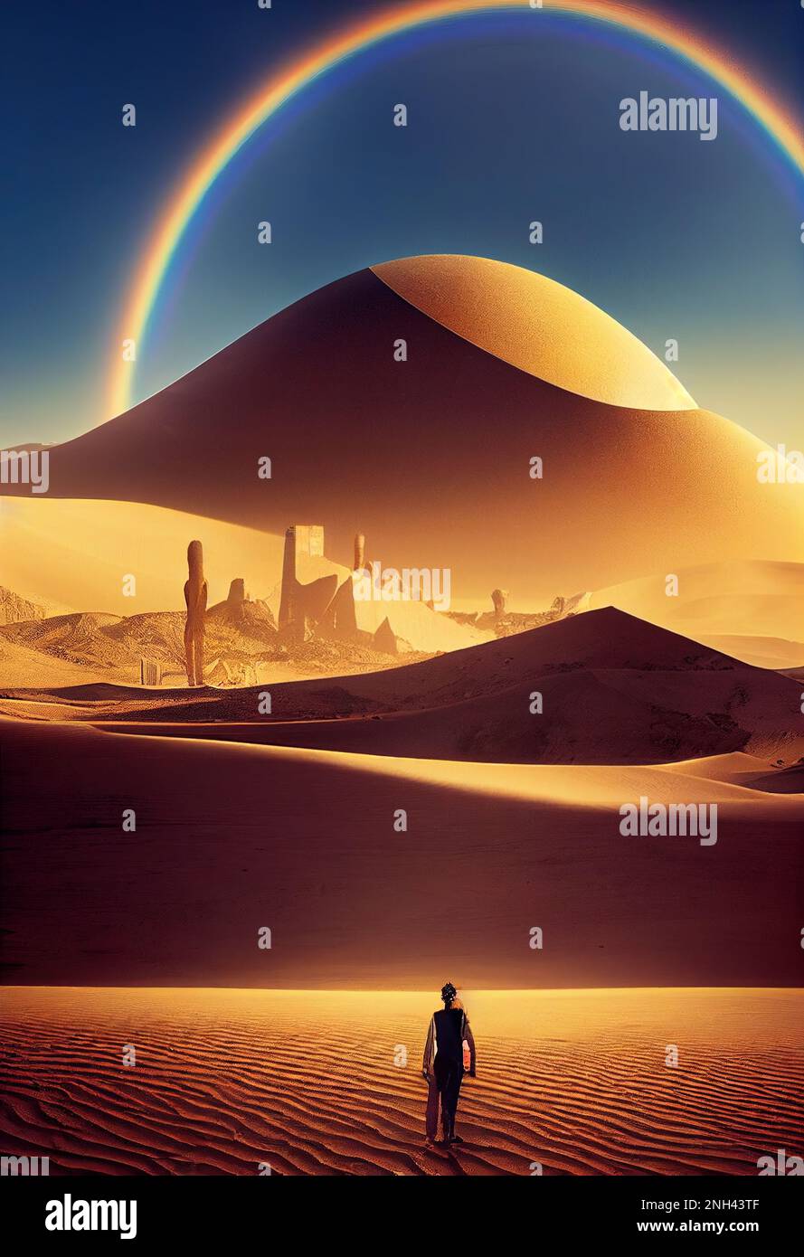 alien world desert landscape with pyramid artefact on horizon and ...