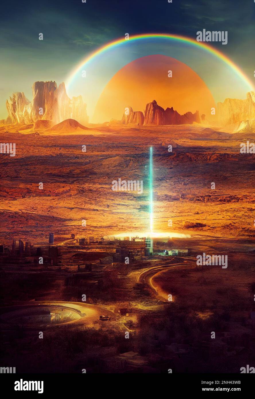 alien world desert landscape with pyramid artefact on horizon and ...