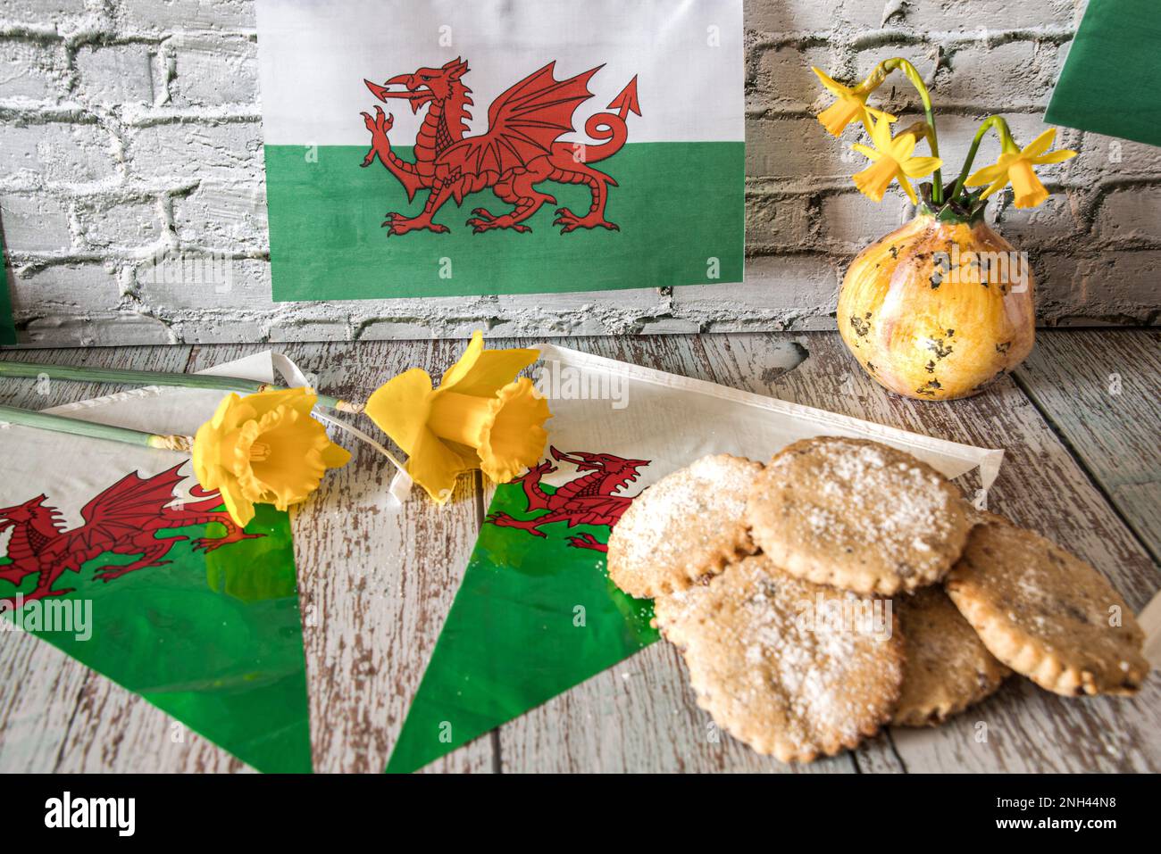 Celebrating St davids day Welsh flag Daffodils welsh cakes vintage style Stock Photo - Alamy