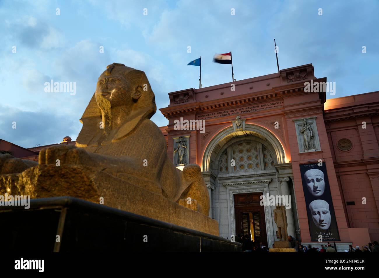 Egyptian and European flags fly over the Egyptian museum in Cairo ...