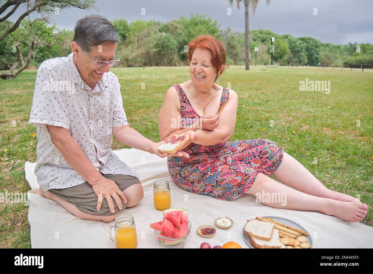 A happy latin senior couple having a picnic breakfast with whole grain ...