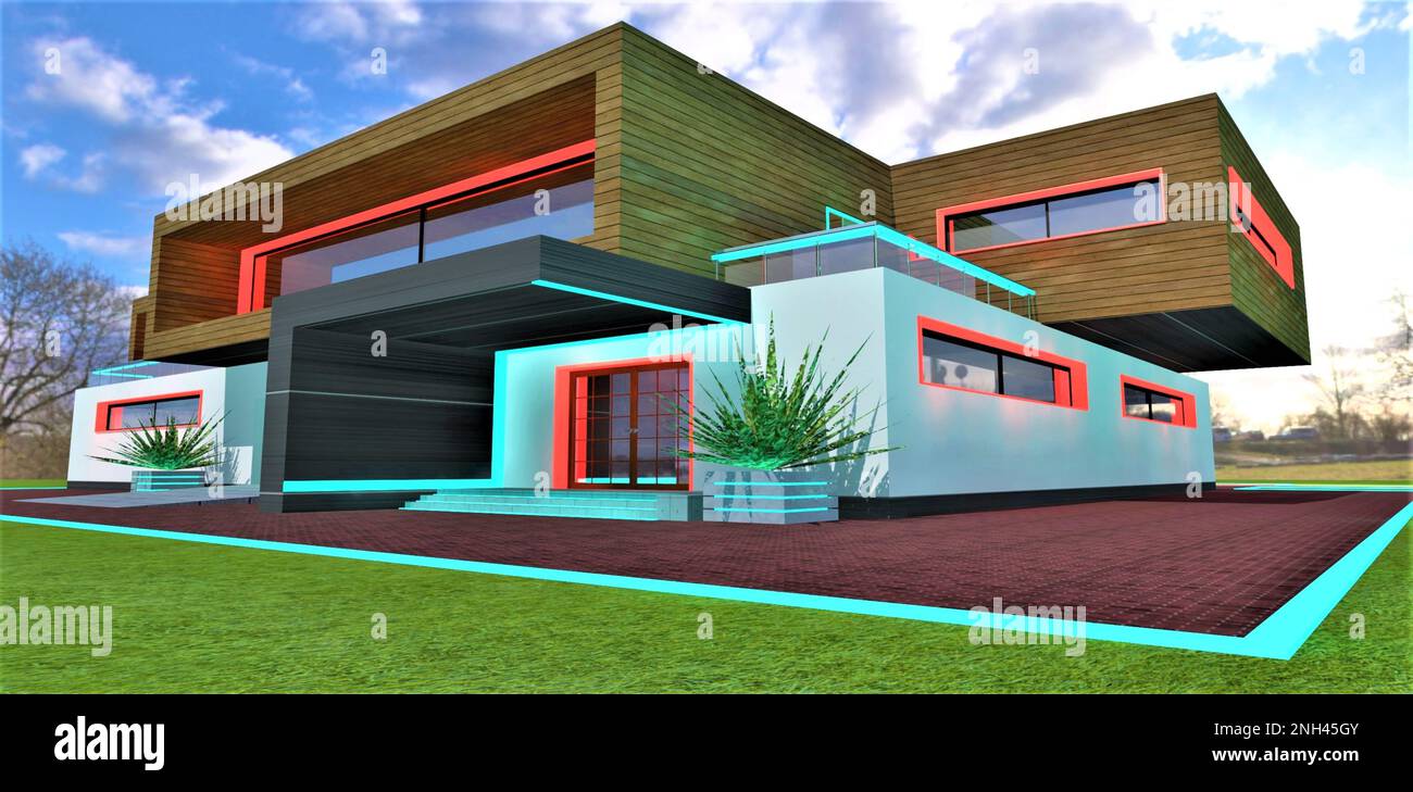 Middle class suburban house at twilight. Scarlet glowing exterior ...