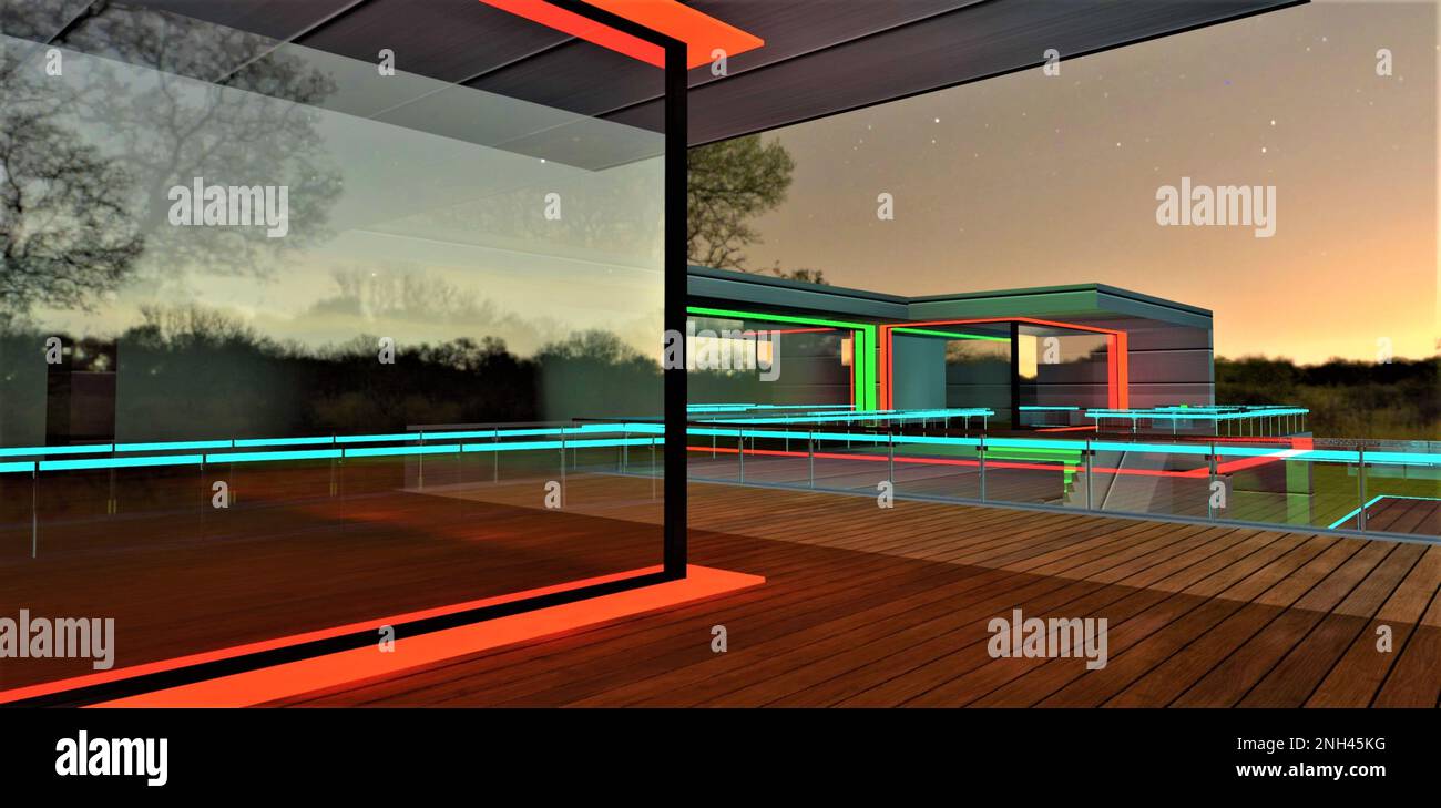 Decked terrace of the private cottage. Glass fence with glowing rails ...