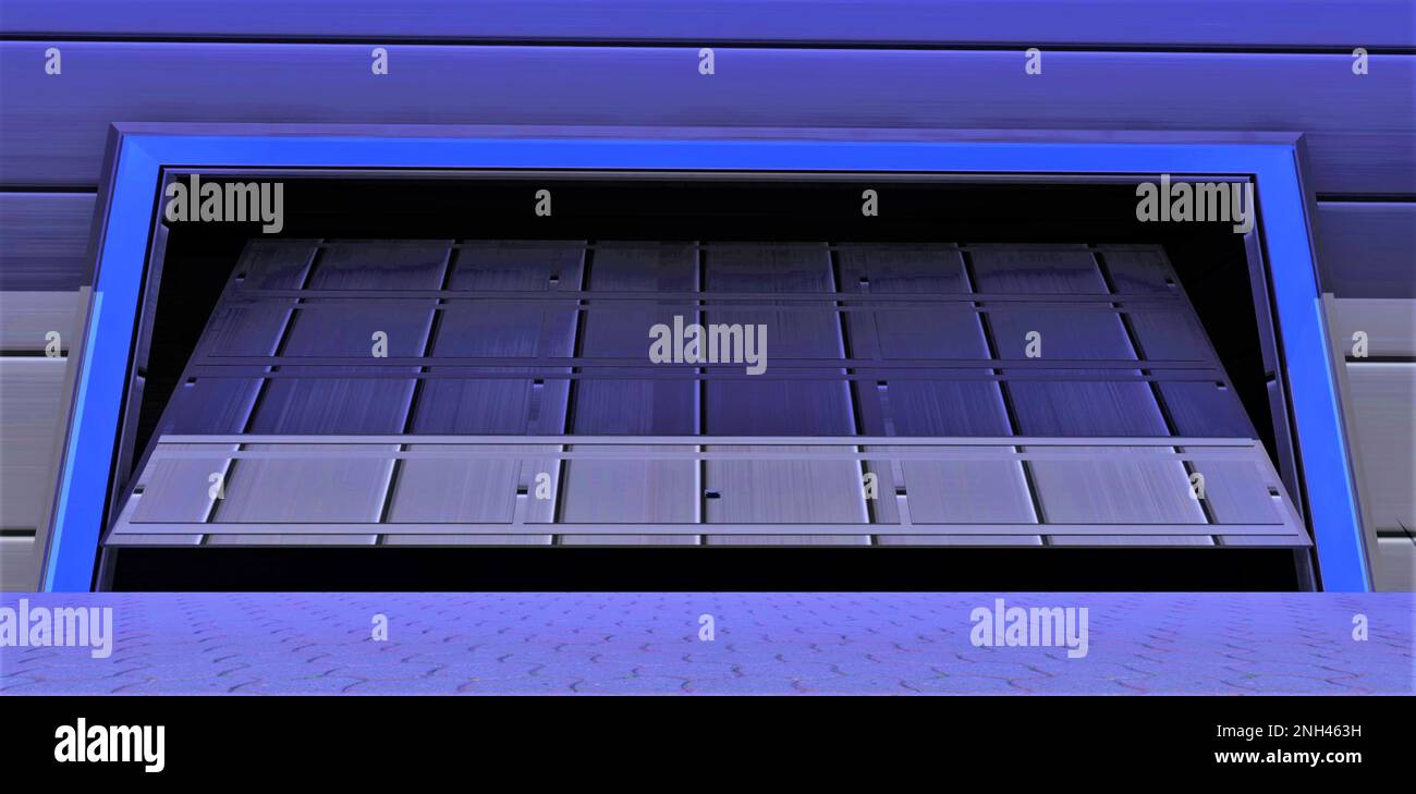 Design of the steel armored garage gate opening at night. Darkness ...