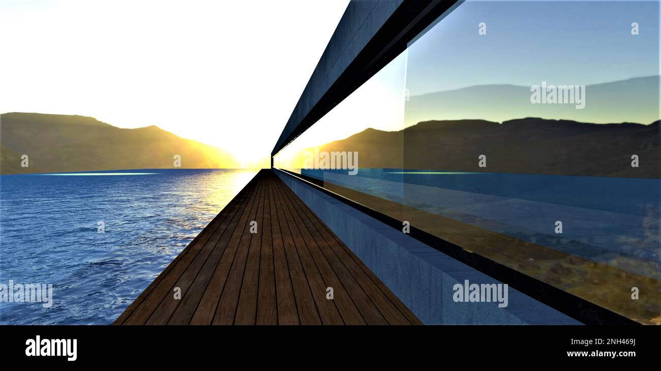 Distant sunrise between mountains in the lake reflected in long ...