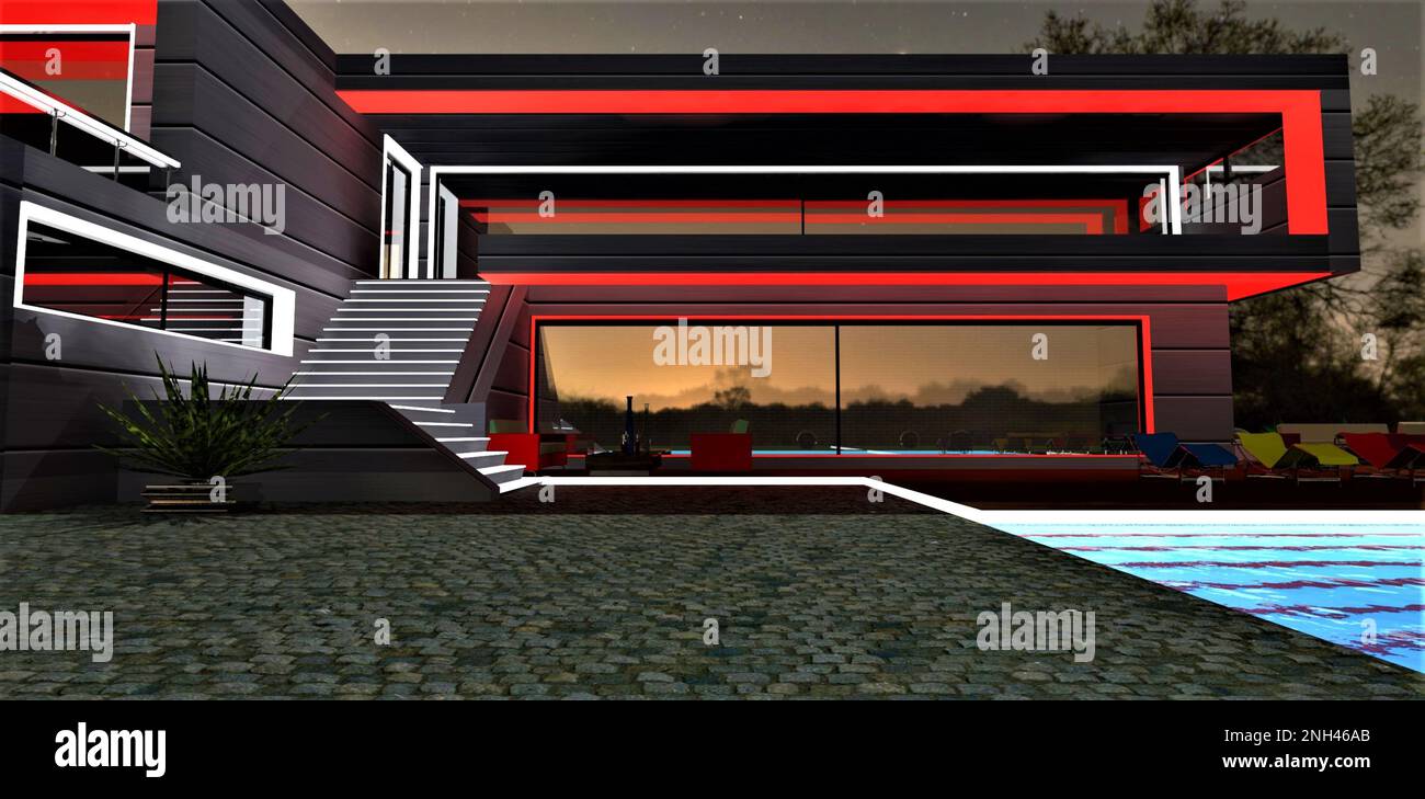 Red glowing window frame on the balcony of the modern country dwelling ...