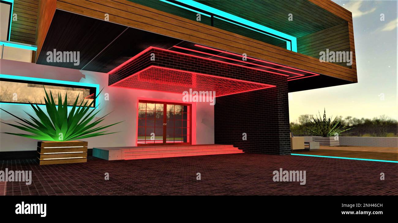Entrance to a house illuminated in red at night. Turquoise glowing ...