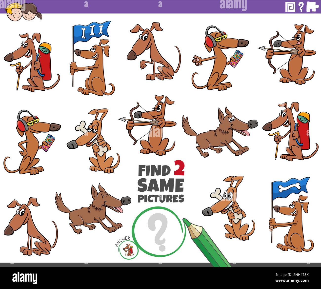 Cartoon illustration of finding two same pictures educational game with ...