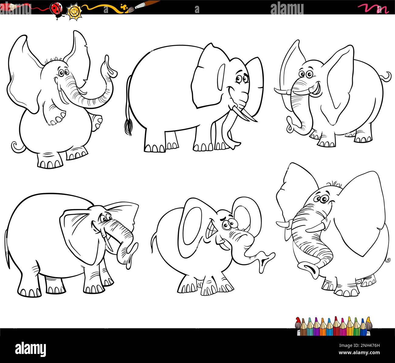 Black and white cartoon humorous illustration of comic elephants animal ...