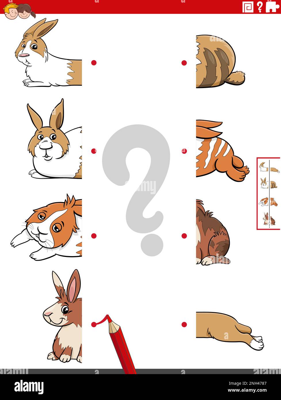 Cartoon illustration of educational game of matching halves of pictures ...