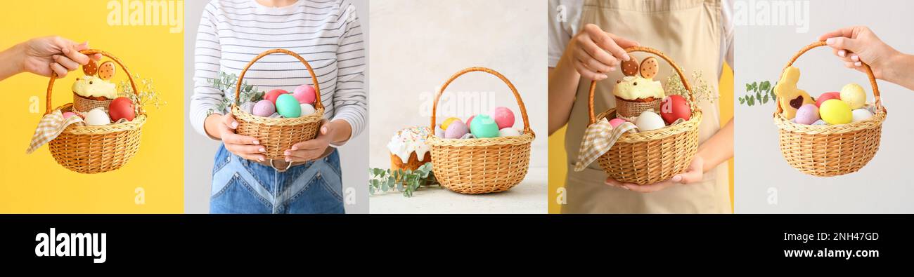 Collage of baskets with painted Easter eggs Stock Photo - Alamy