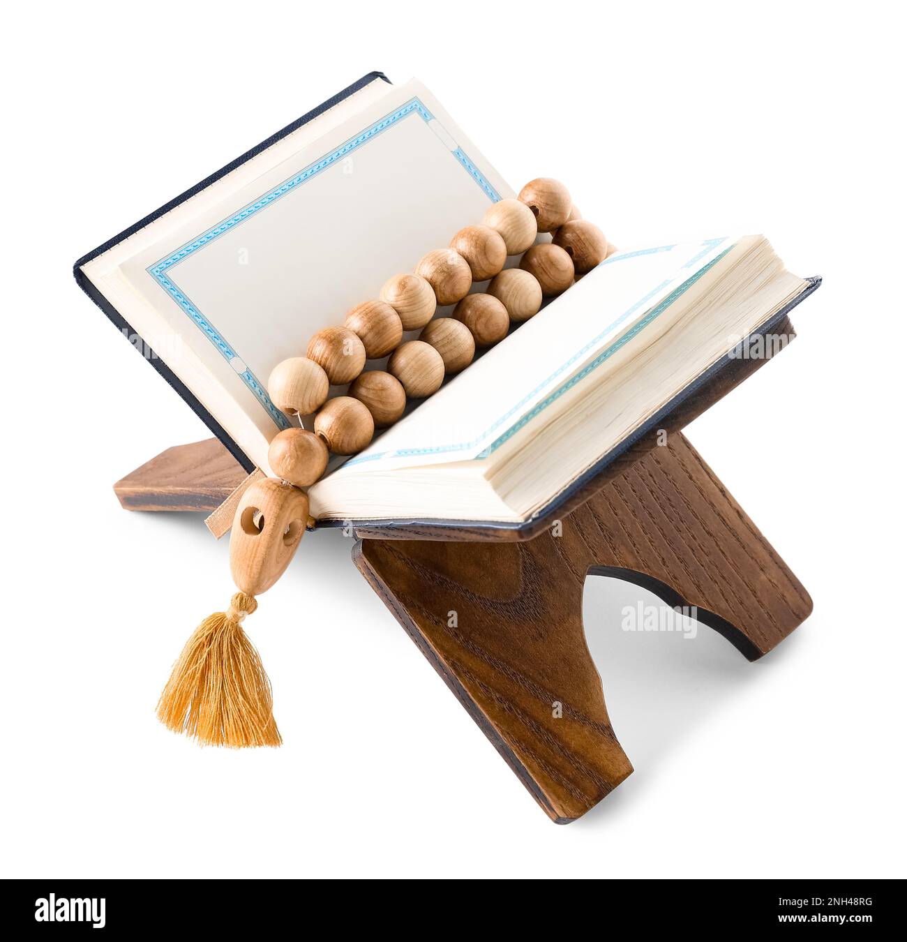 Rehal with Koran and prayer beads for Ramadan on white background Stock ...