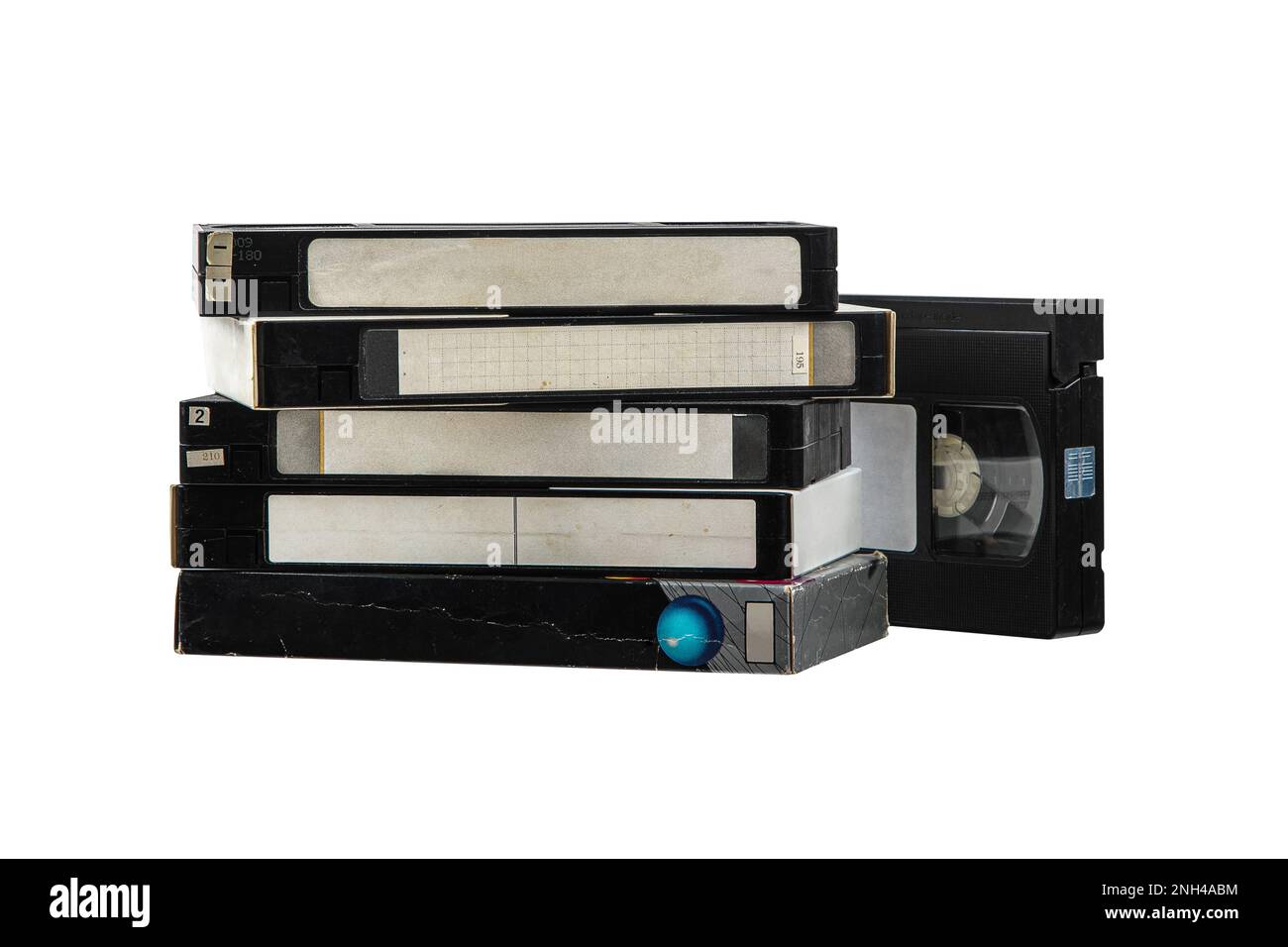 Pile of VHS video cassettes. Vintage media. Isolate on a white ...