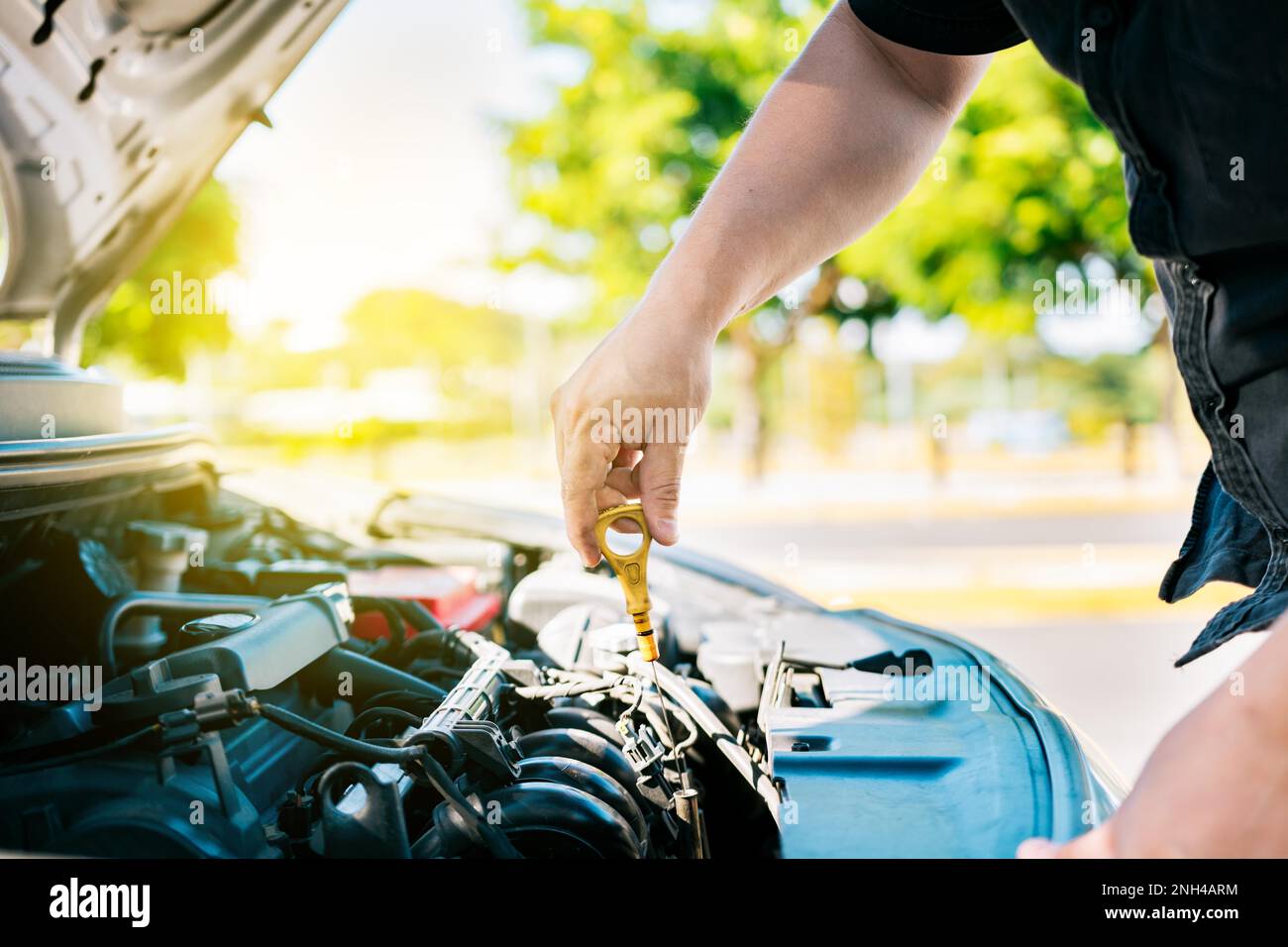 Man hand checking oil to car with copy space. People hand inspecting ...