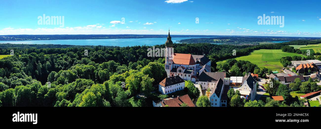 Aerial view of Andechs Monastery with the Lake Ammer lake in the ...