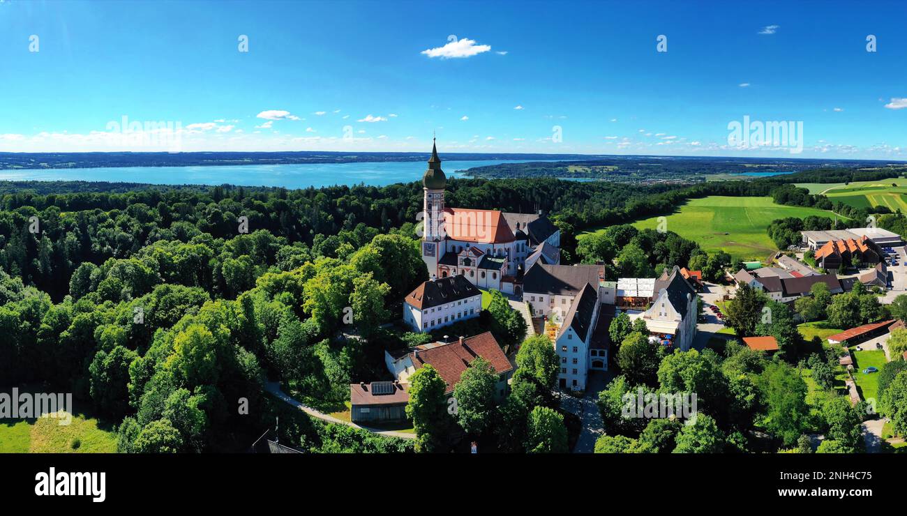 Aerial view of Andechs Monastery with the Lake Ammer lake in the ...
