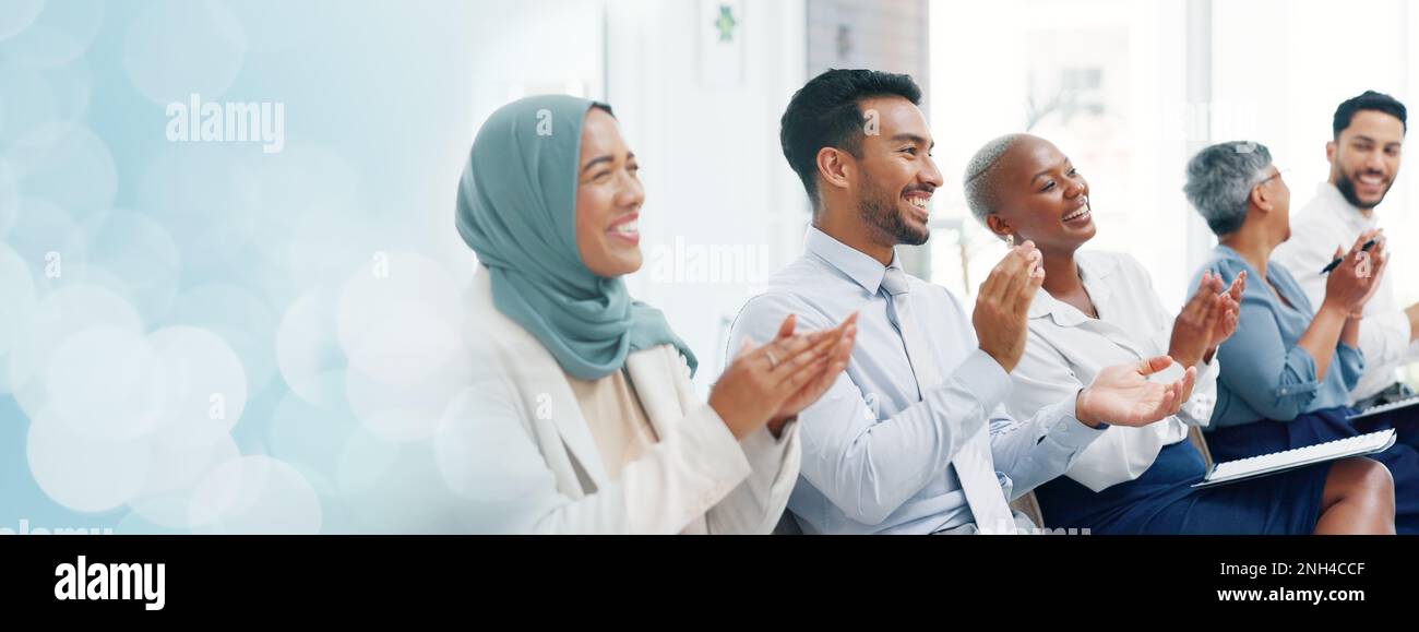 Diversity, business people and applause presentation, employee support and happiness in office ...