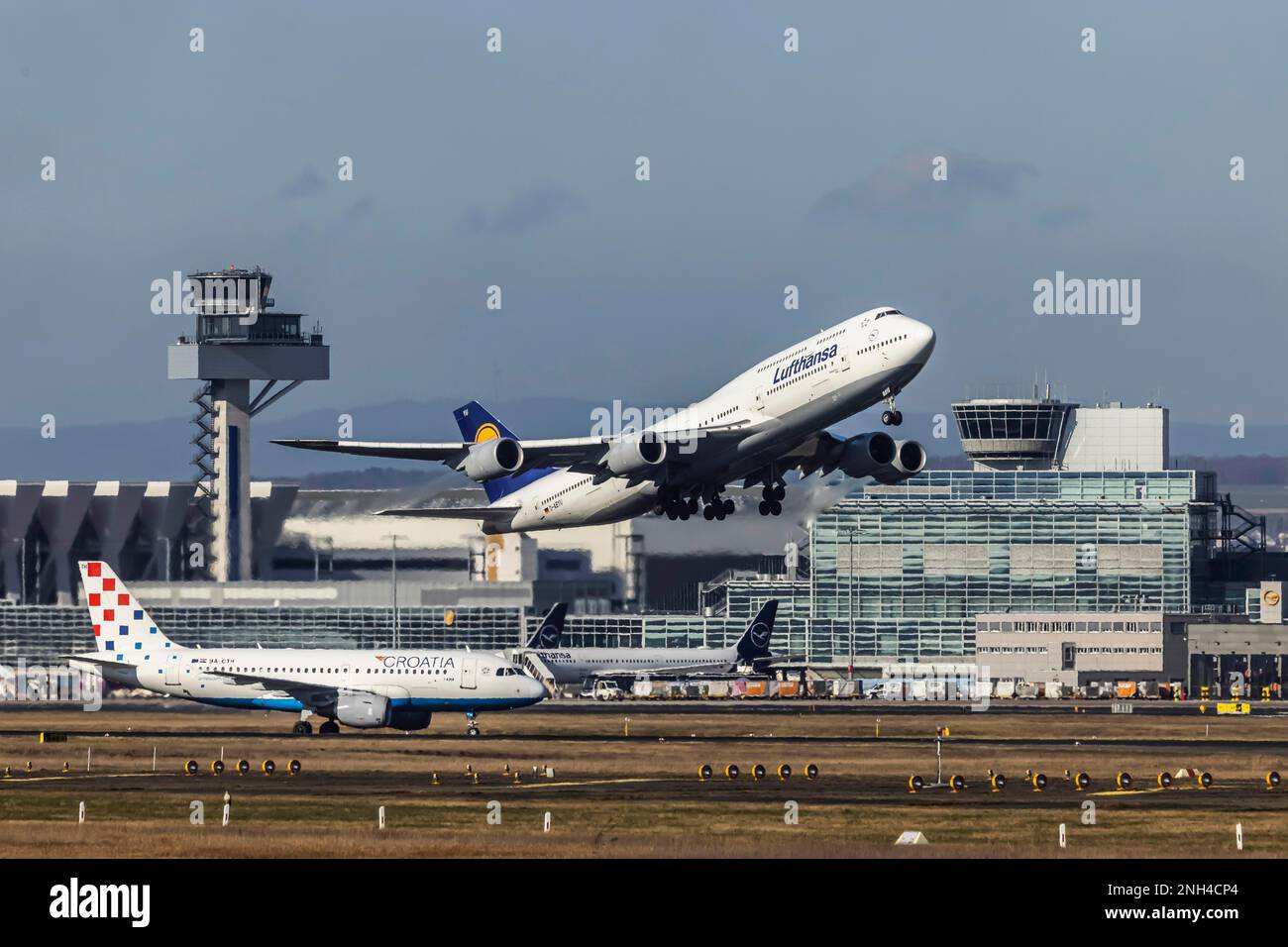 Fraport Airport with aircraft of type Boeing 747, Jumbo Jet, of the airline Lufthansa during ...