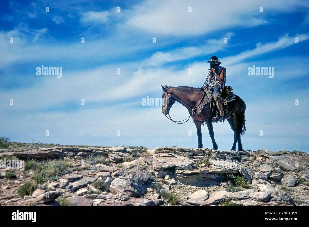 Cowboy and guide, brown horse, desert region near Monument Valley ...