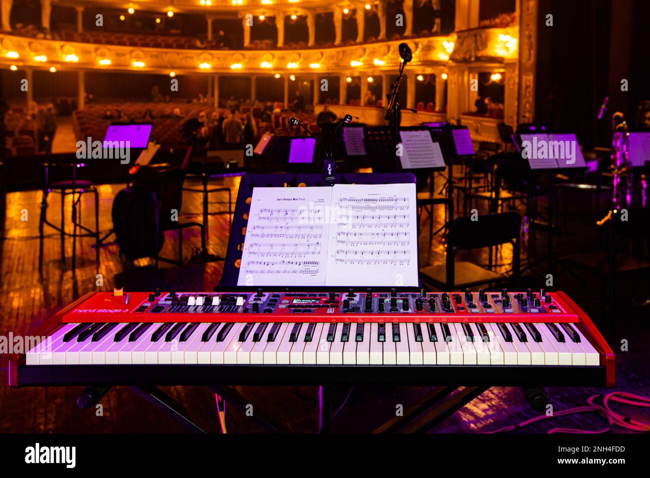 Lviv, Ukraine - February 14, 2023: Nord stage 3 Keyboard on concert ...