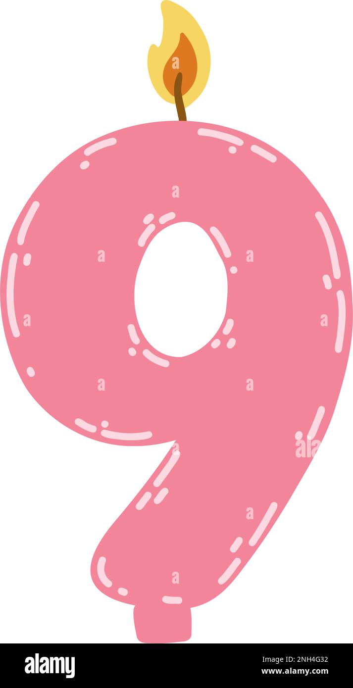 Candle number nine in flat style. Hand drawn vector illustration of 9 ...