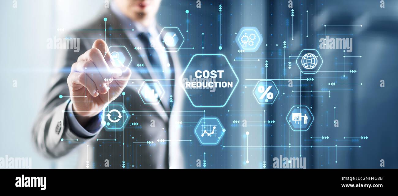 Cost reduction business finance concept. Businessman clicks virtual ...