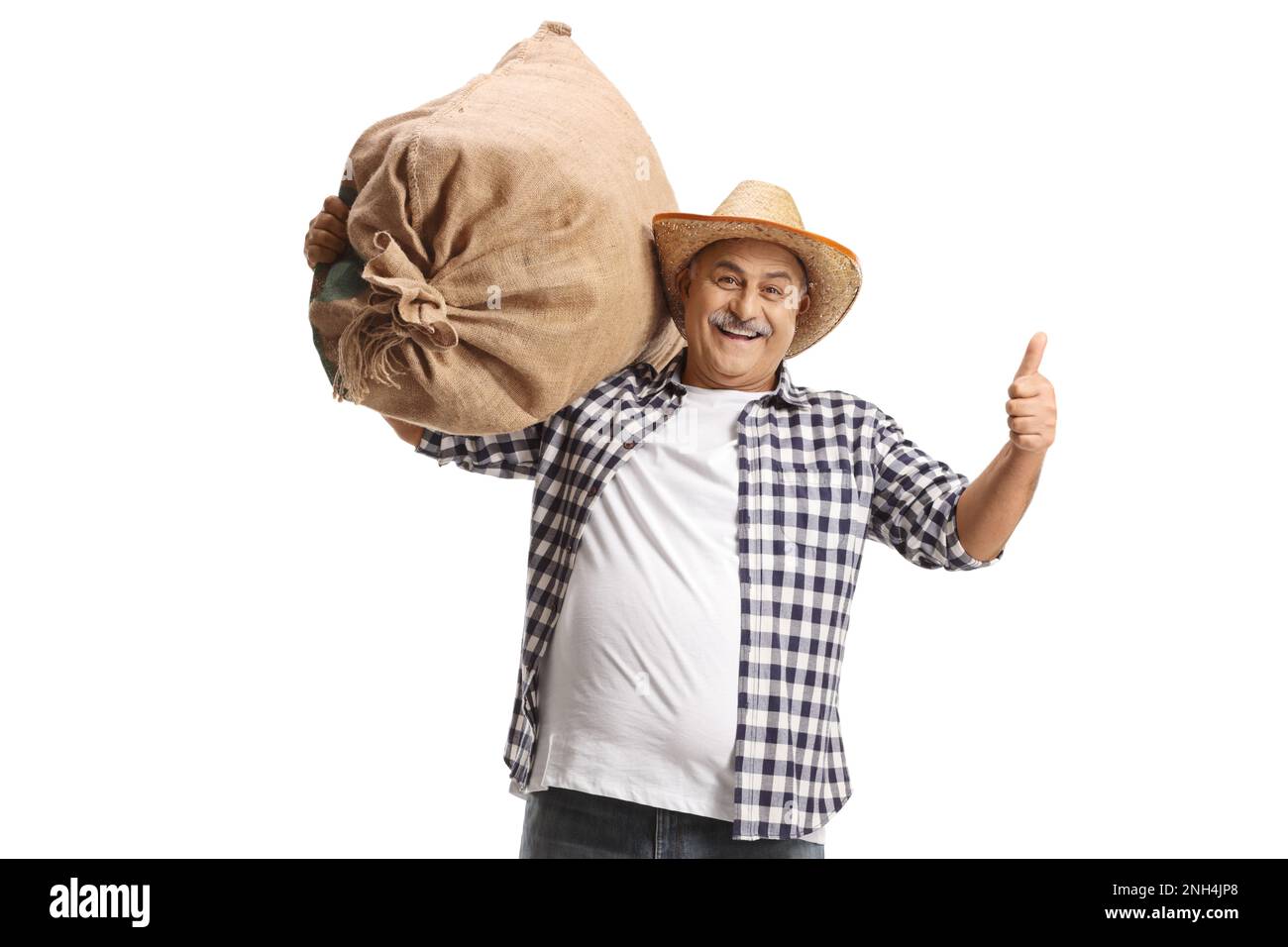 Farmer carrying a big burlap sack on his shoulder and gesturing thumbs ...