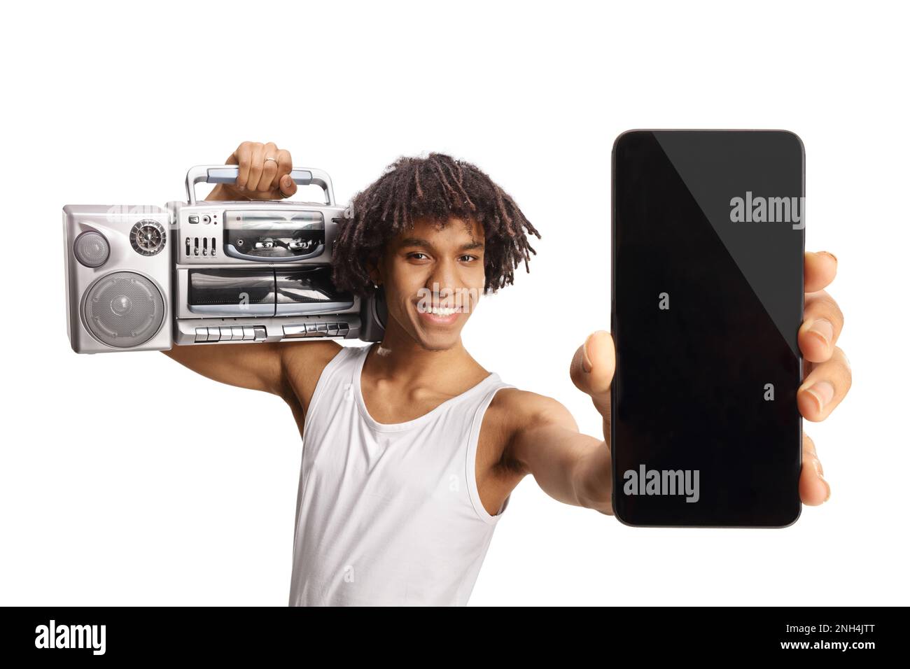 African american young man holding a boombox on shoulder and showing a ...