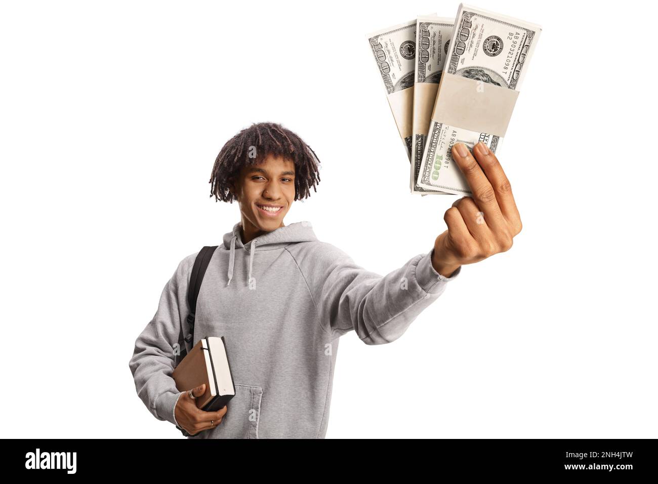 African american male student with a backpack holding books and showing ...