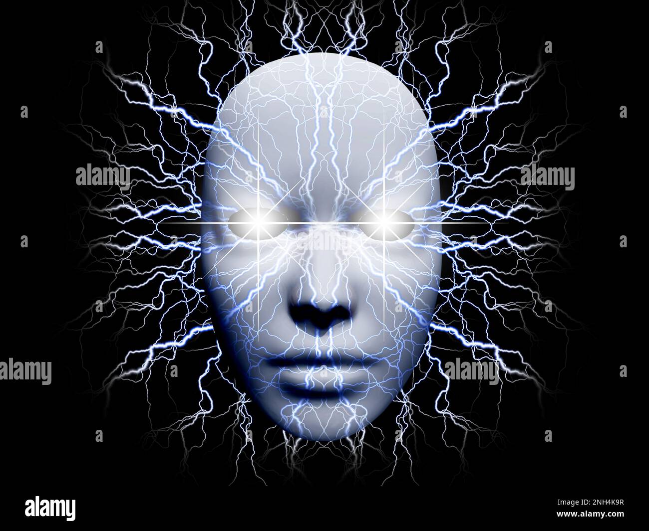 Surreal composition. Mask with lightnings and glowing eyes. 3D rendering Stock Photo - Alamy