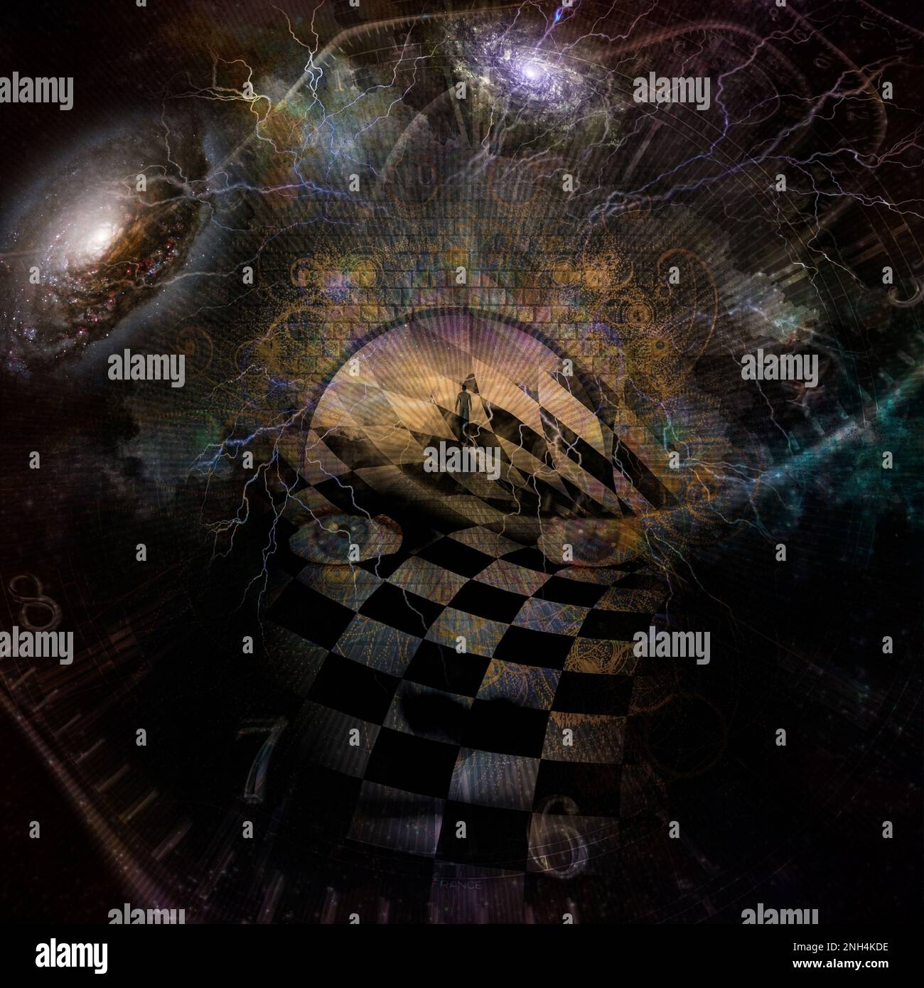 Surrealism. Face with chessboard pattern in a deep space. Figure of man ...