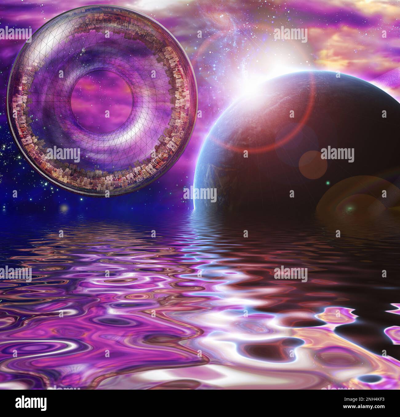 Huge Multi-Generational City Space Ship Encounters New Planet. 3D ...