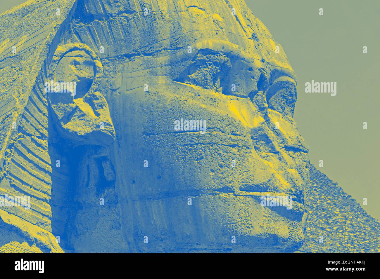 close up of Great Sphinx of Giza colored in colors of Ukrainian flag ...