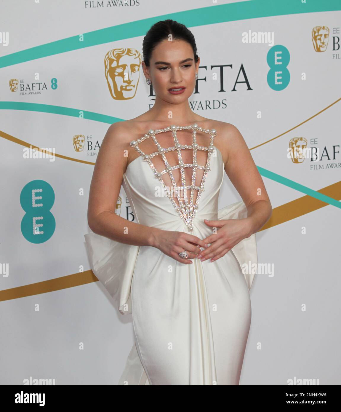 London, UK. Lily James at the EE BAFTA Film Awards 2023 at The Royal Festival Hall on February ...