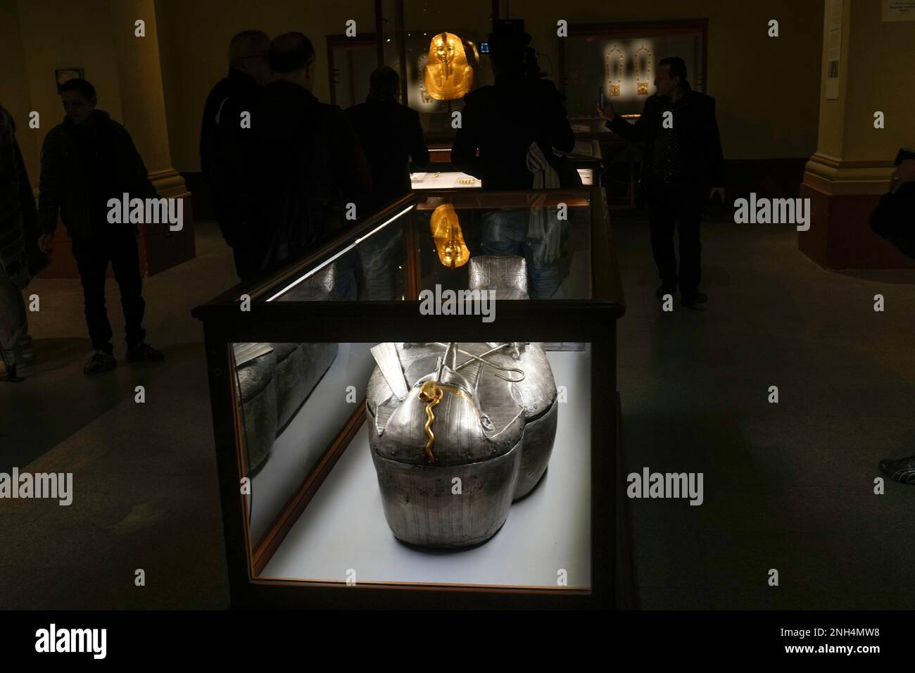 The silver coffin of king Psusennes I, is displayed at the Egyptian ...